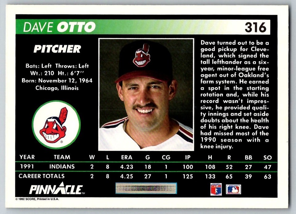 1992 PINNACLE DAVE OTTO CLEVELAND INDIANS #316 | eBay