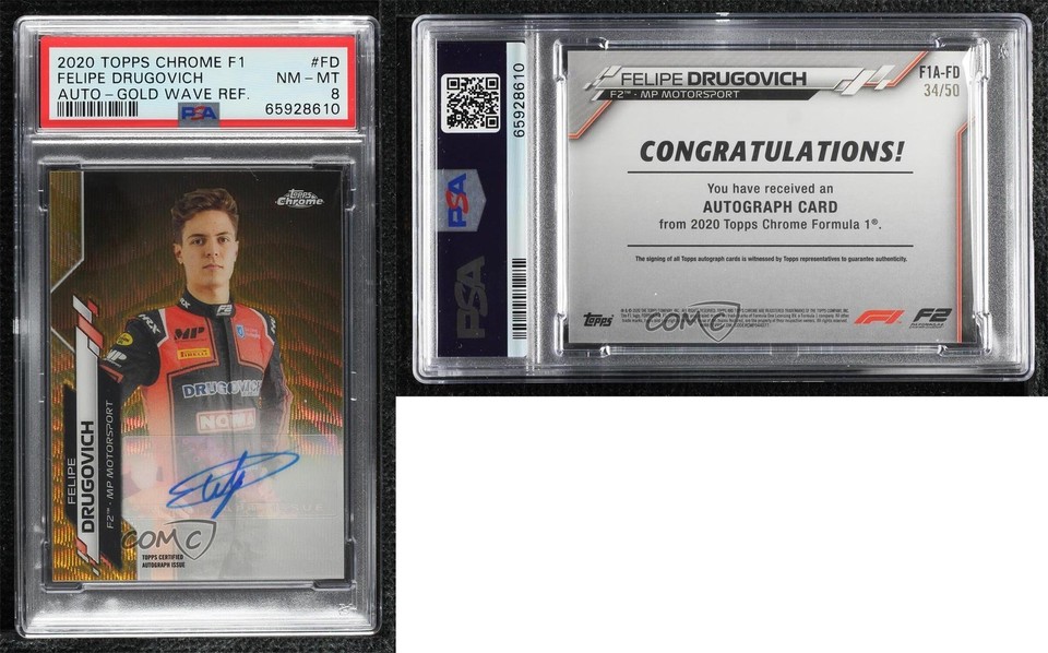 2020 Chrome Formula 1 Gold Wave Refractor 34/50 Felipe Drugovich PSA 8 ...