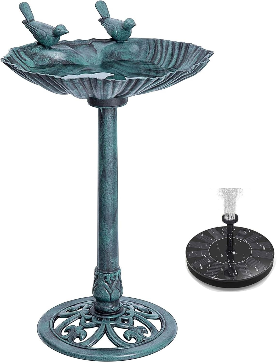 Water Fountain Birdbath Solar Powered Polyresin Bronze/Green Pond Combo ...