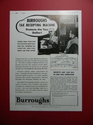 1940 BURROUGHS TAX RECEIPTING MACHINE "PROTECTS THE TAX DOLLAR!" SALES ...
