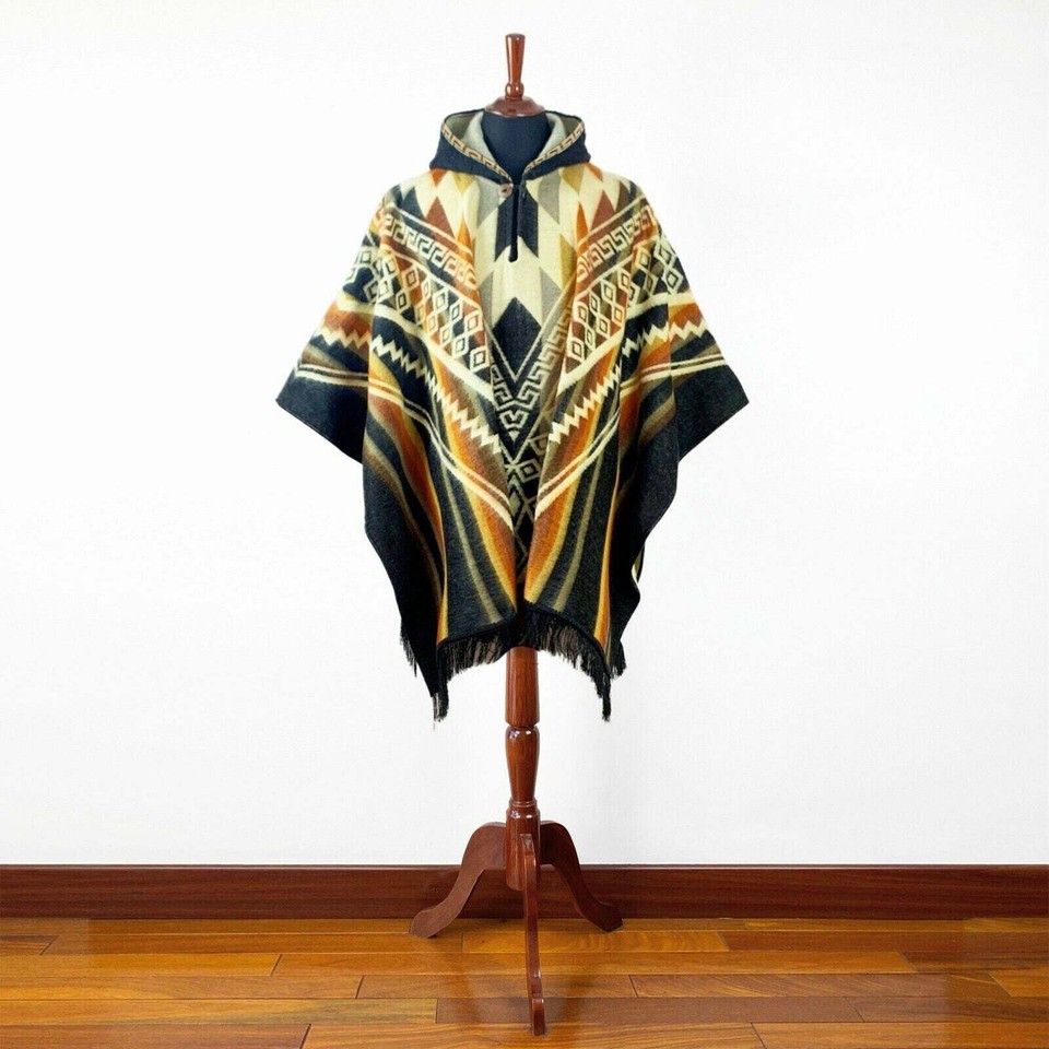 Alpaca wool Hooded Poncho Unisex Aztec pattern all seasons boho hippie ...