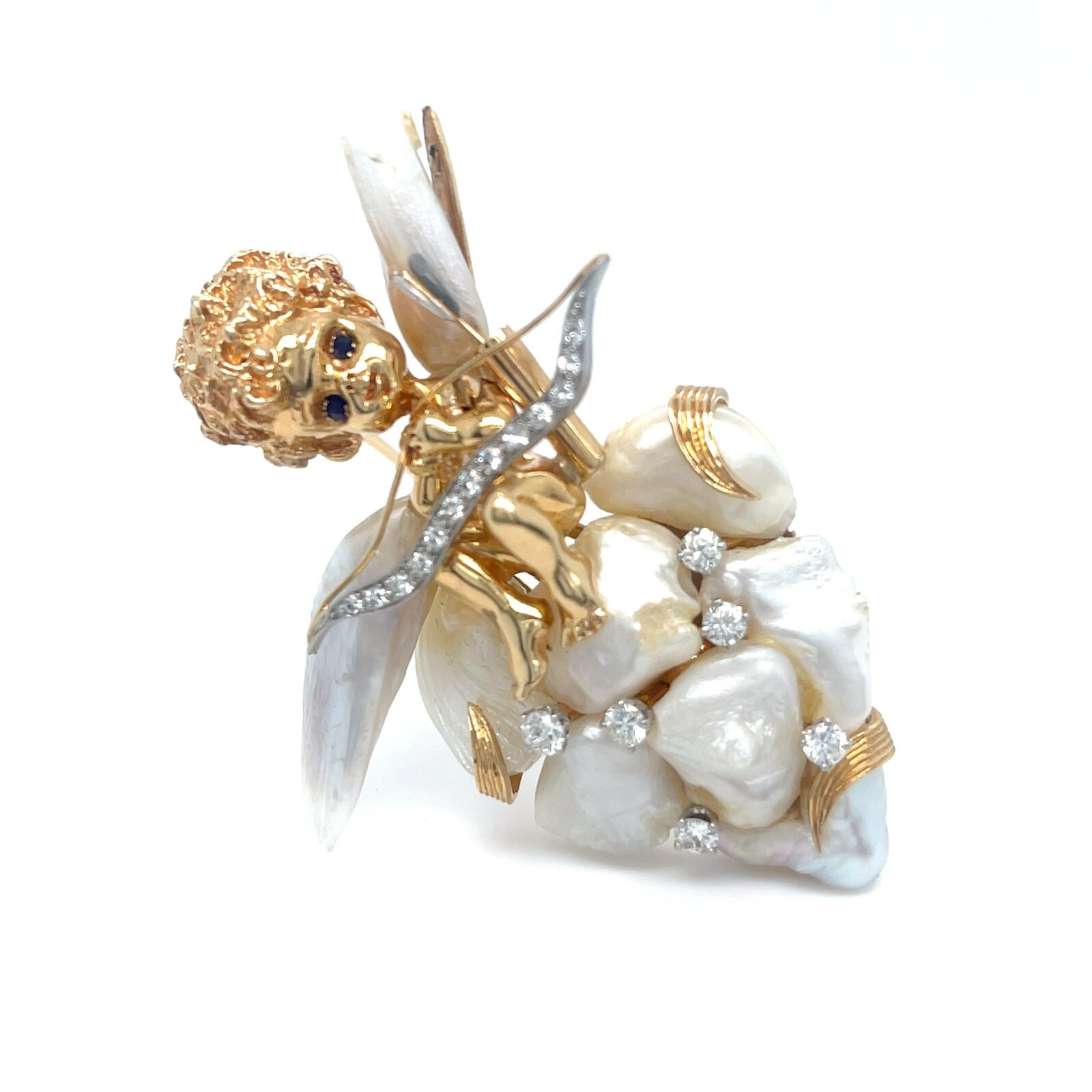 Ruser Mississippi River Pearl Diamond Sapphire and 14k Gold Cherub ...