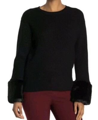 Love Token NWT Size S Faux Fur Cuff Knit Sweater Black $132 | eBay