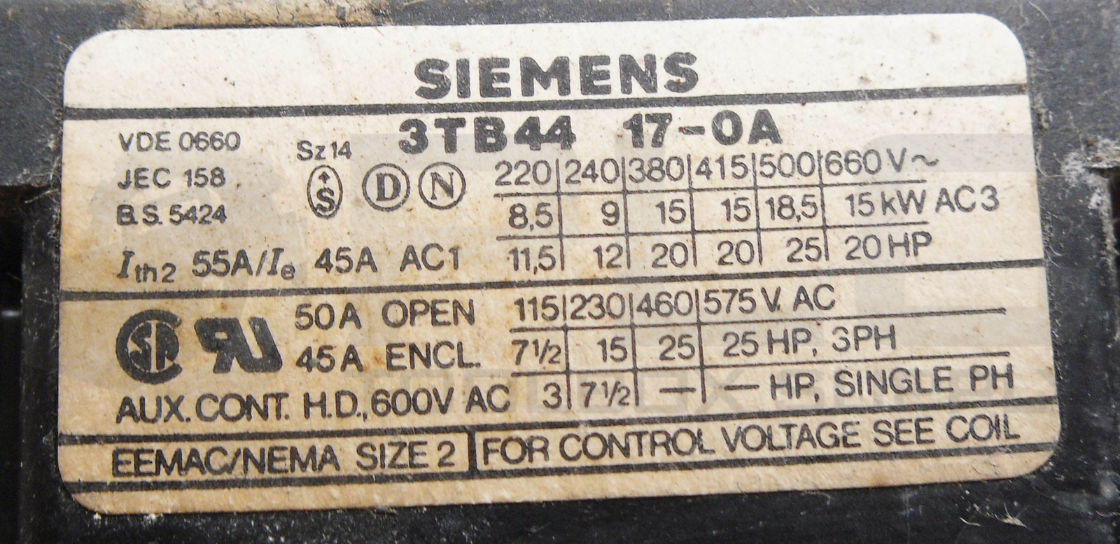 SIEMENS 3TB44 17-0A CONTACTOR W/ 3UA42 00-7AH OVERLOAD RELAY 10-16A ...