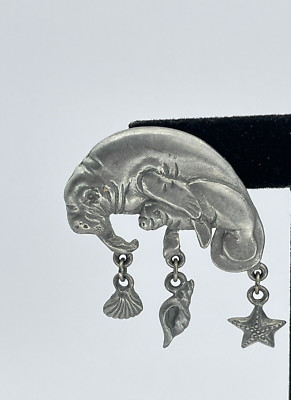 Lindsay Claire Designs pewter Manatee and Calve lapel pin dangle shells ...