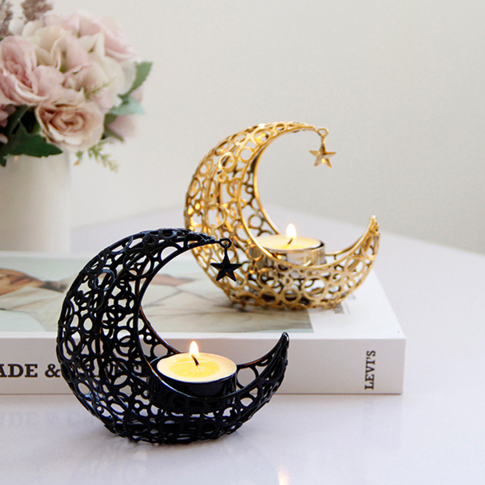 Tea Light Stand Hollow-out Design Decorative Holiday Party Moon Candle ...