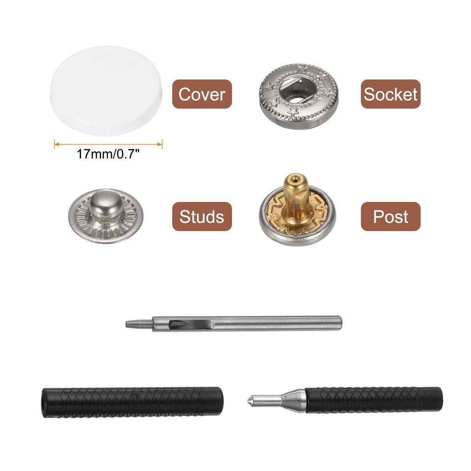 24Set Leather Snap Fasteners Kit 17mm Metal Snaps with 3 Setter Tool ...