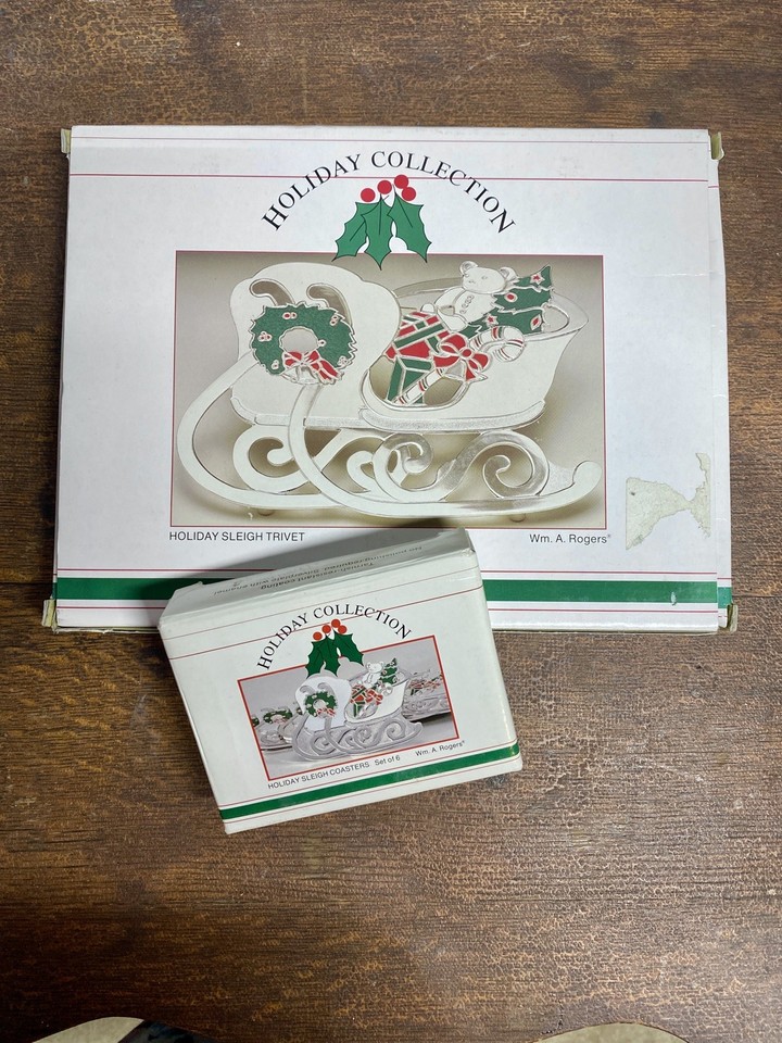 Vintage Holiday Sleigh Trivet 4 Coasters w/ Box Oneida Silver plate Wm ...