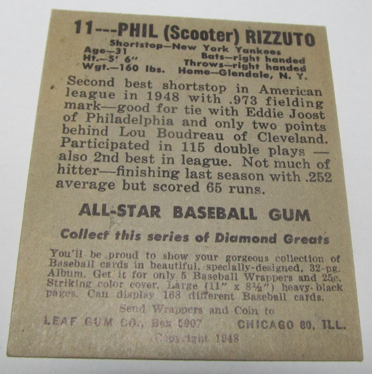1948 Leaf Set-Break # 11 Phil (Scooter) Rizzuto MID GRADE New York ...