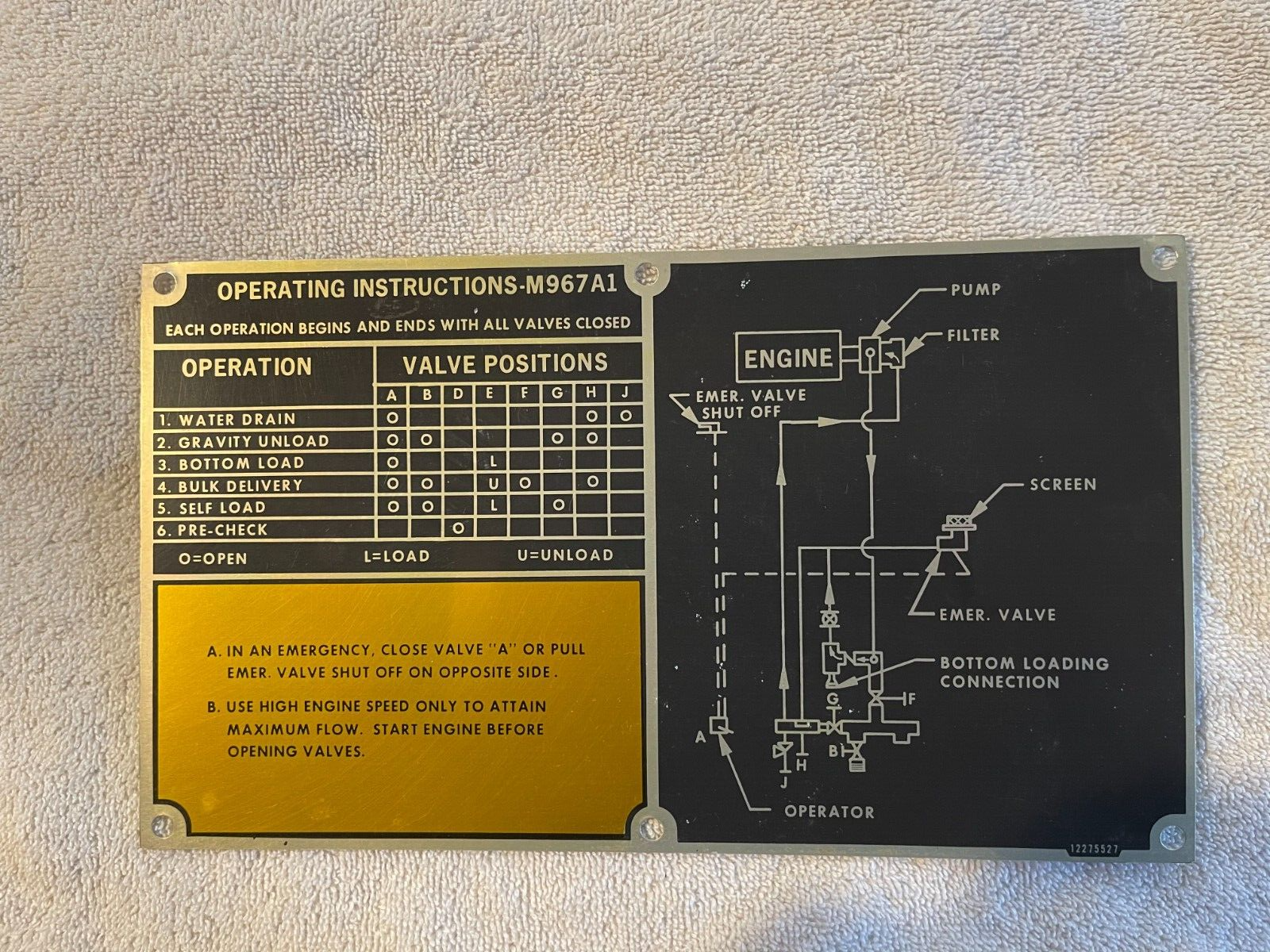 M967A1 OPERATING INSTRUCTIONS DATA PLATE SEMITRAILER TANK 5000 GAL | eBay
