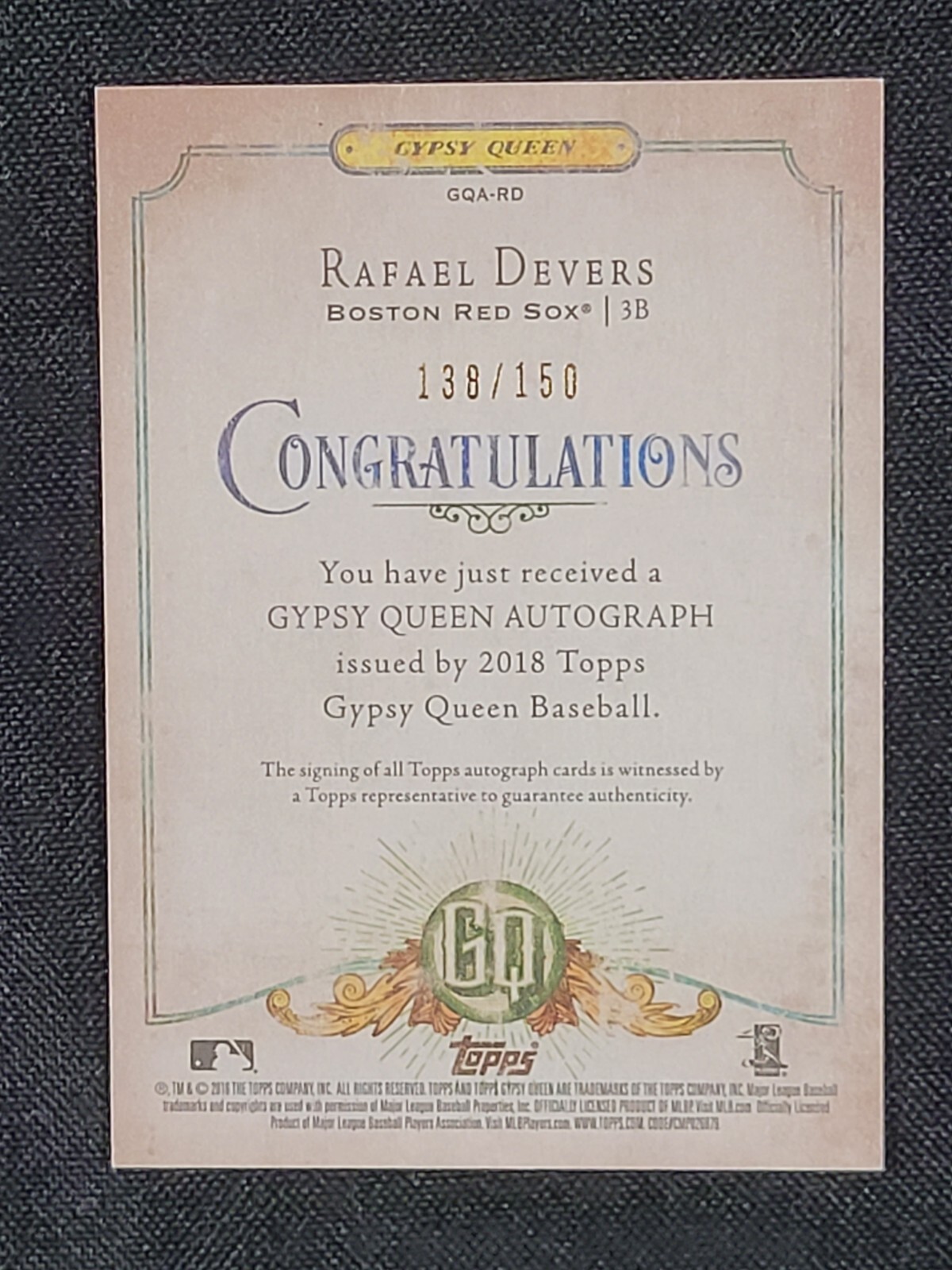 2018 Gypsy Queen Blue Auto Baseball Card Rafael Devers RC #GQA-RD (DS ...