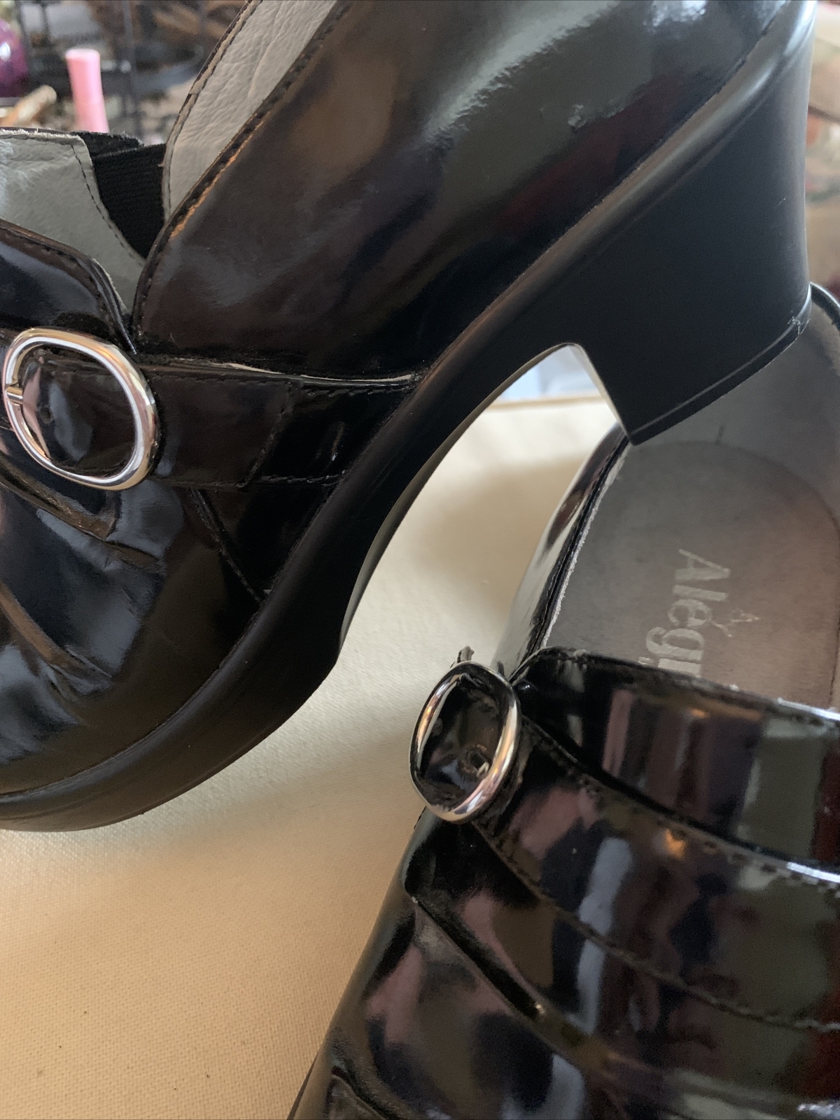 alegria 37 black Hal-011 Black Patent shoe with silver buckle.Preowned ...