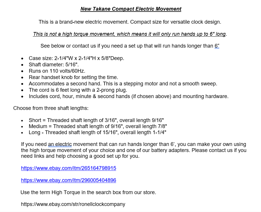 Takane Compact Electric Clock Movement - 3 Sizes! Stepping Motor (MEC ...