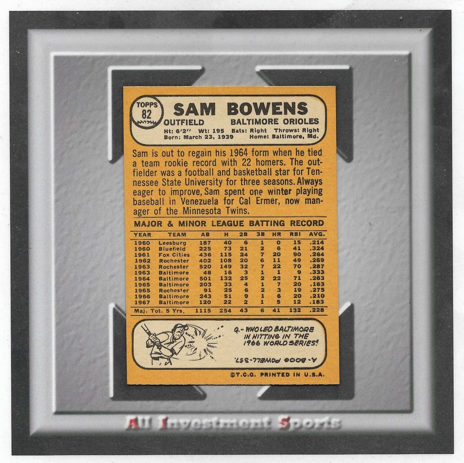 1968 Topps SAM BOWENS #82 MINT **outstanding baseball card** TD89 | eBay
