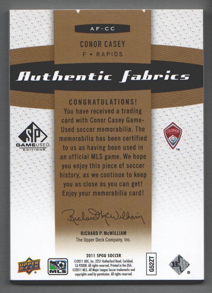 2011 SP Game Used Soccer Card Authentic PREMIUM JERSEY #AF-CC Conor ...