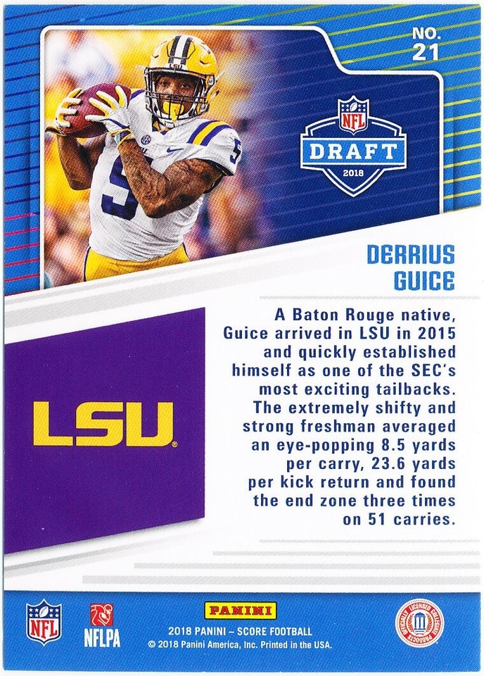 Derrius Guice 2018 Panini Score Football NFL Draft #21 LSU Tigers ...