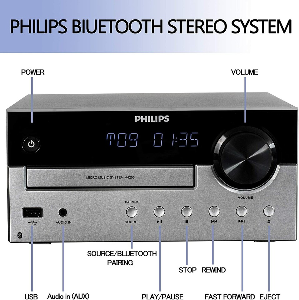 Philips Bluetooth Stereo System with CD Player, MP3,USB, AU in, FM ...
