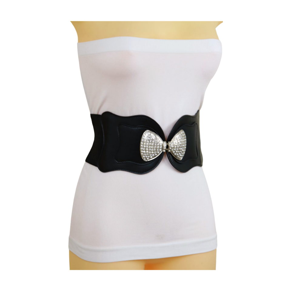 Women Bling Srtlish Fashion Belt Black Elastic Band Silver Metal Bow ...