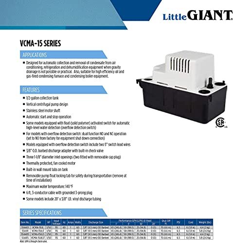 Little Giant VCMA-15ULS 115 Volt, 65 GPH, 1/50 HP Automatic Condensate ...
