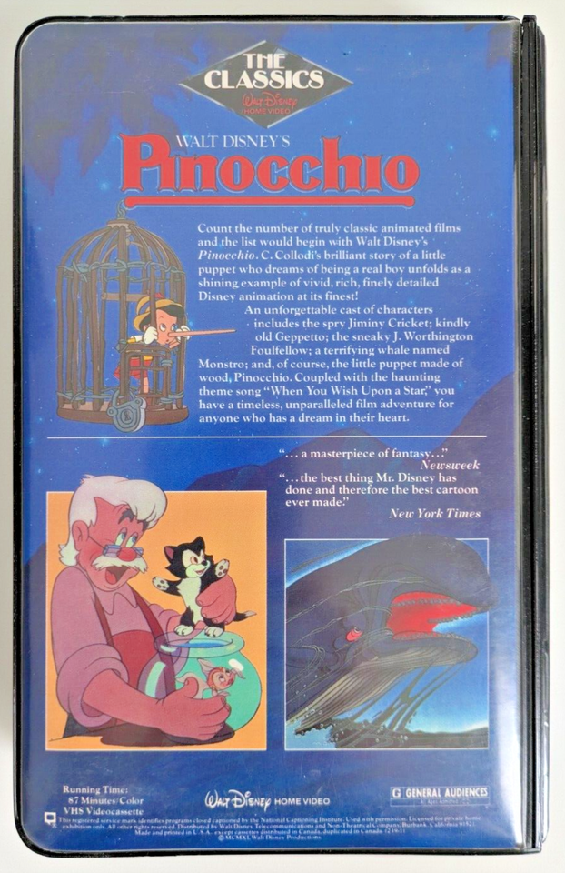 Pinocchio 1985 VHS Walt Disney Early Black Diamond Padded Clamshell ...