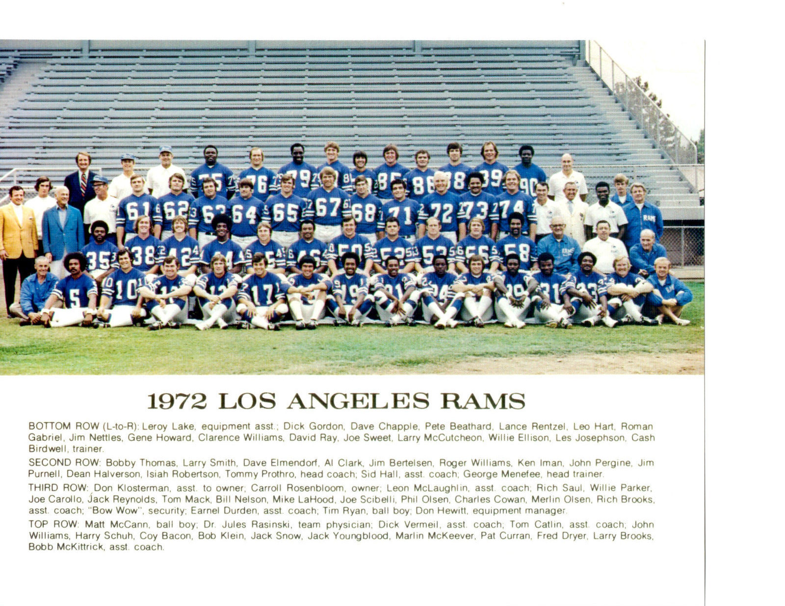 1972 LOS ANGELES RAMS 8X10 TEAM PHOTO DRYER SNOW OLSEN CALIFORNIA ...