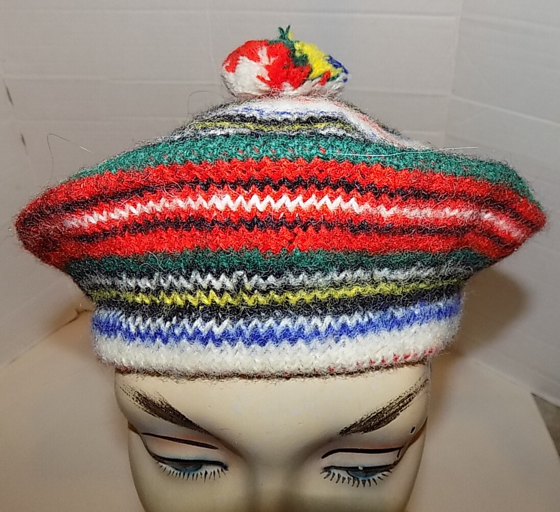 Vintage Scottish Wool Tam Beret Multi Colored Pom Pom… - Gem