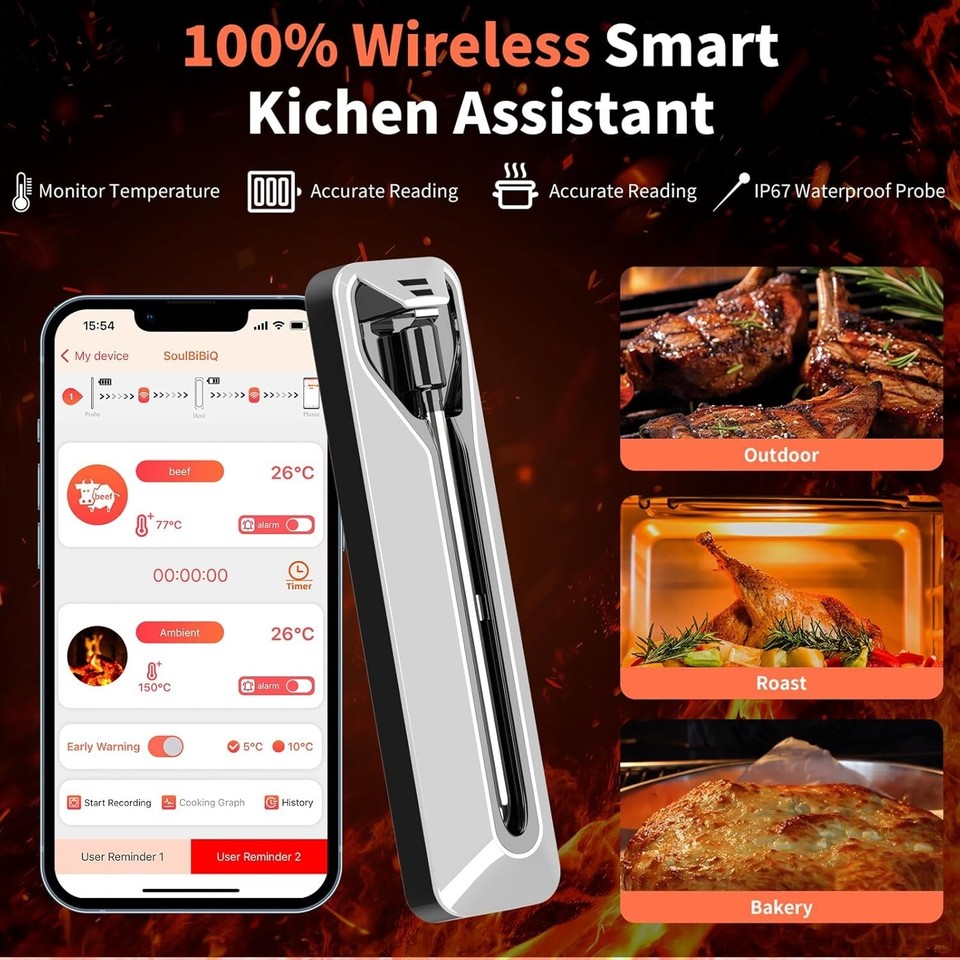 Smart Grill Meat Thermometer Digital with Bluetooth Ultra-Thin Probe ...