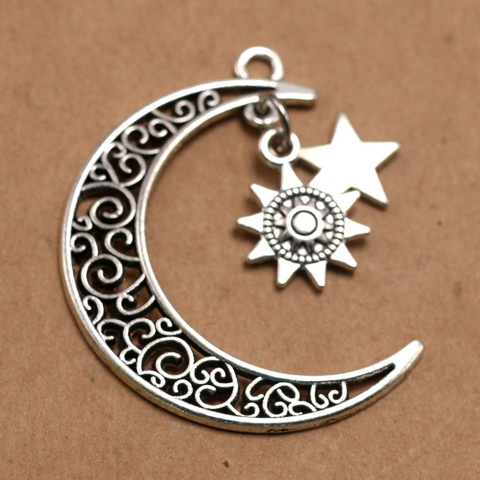 Beautifully Designed Ancient Silver Moon Star Sun Rose Pendant in Alloy ...