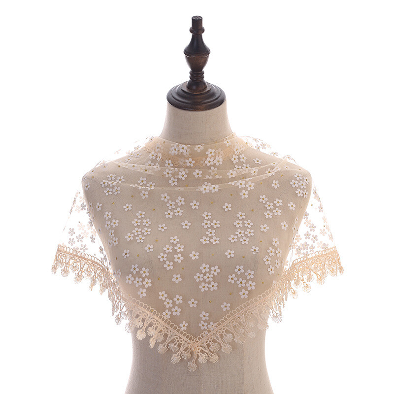 Women Lace Floral Triangle Scarf Sheer Tassel Shawl Scarves Elegant ...