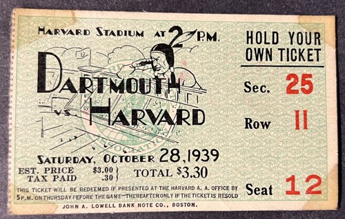 Dartmouth vs. Harvard Football Ticket Stub October 28, 1939 (Sec. 25 ...