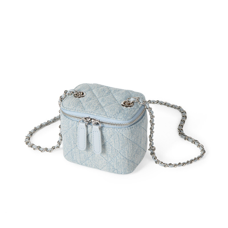 Mini Quilted Denim Shoulder Bag Vanity Case Purse Box Clutch Crossbody ...