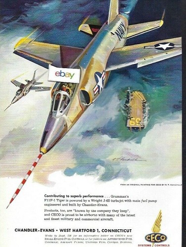 GRUMMAN AIRCRAFT F11 F-1 TIGER FIGHTER JET R.T. HANDVILLE ART CECO AD ...