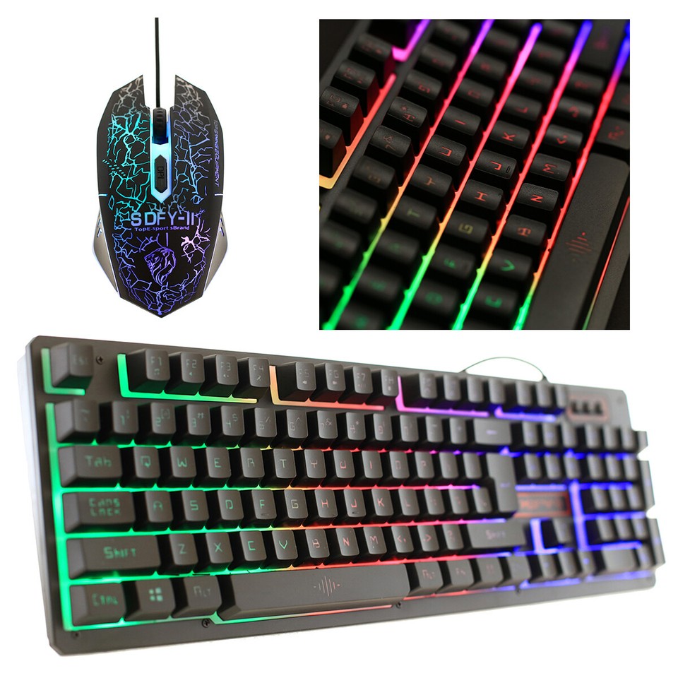 Rainbow LED Gaming Keyboard and Mouse Set Multi-Colored Backlight Mouse ...