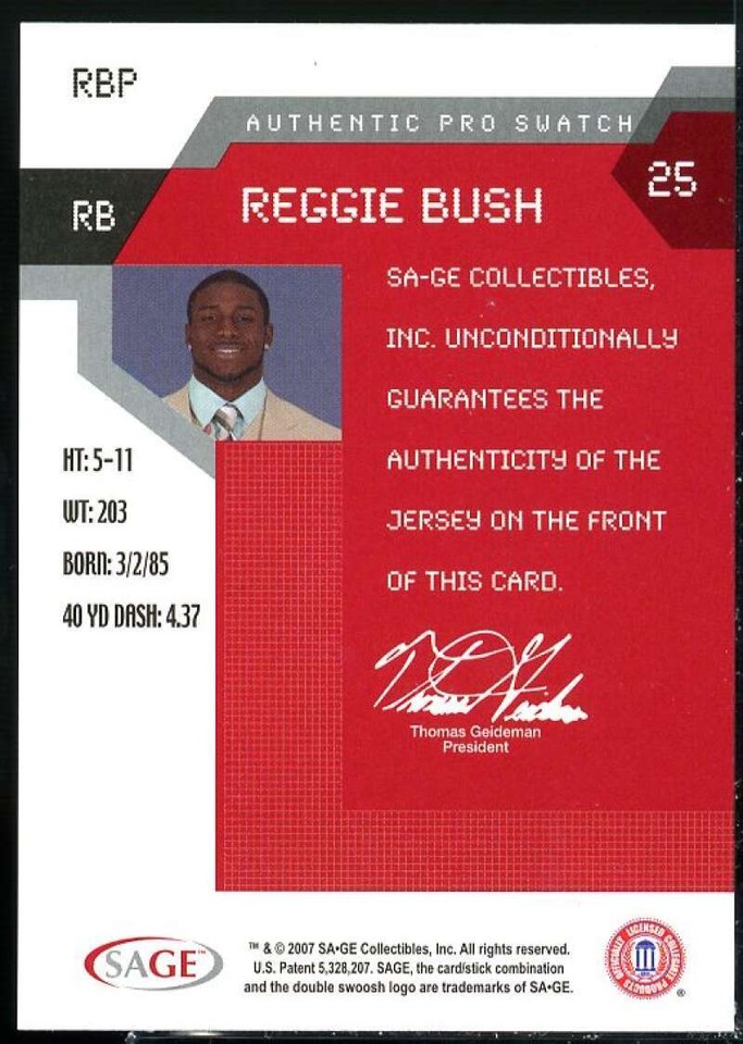 Reggie Bush Card 2007 SAGE HIT Jersey Bonus Red Pro #RBP | eBay