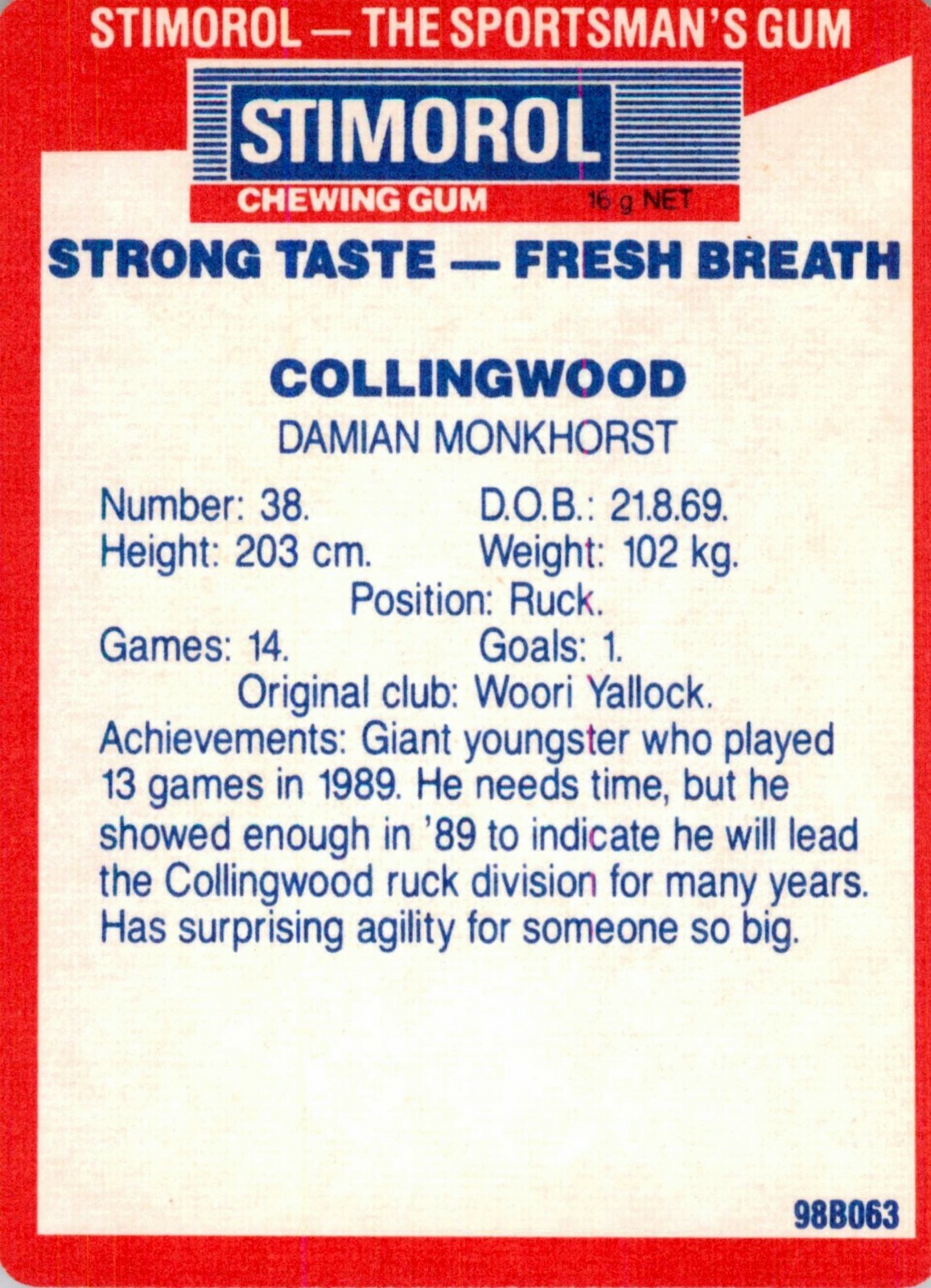 1990 COLLINGWOOD MAGPIES Premiers AFL Card DAMIAN MONKHORST Scanlens ...