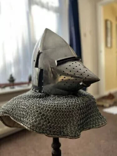 Silver Medieval Knight Pig Faced Bascinet Aventail Helmet Perfect ...