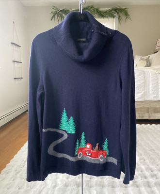 Talbots Holiday Sweater Dog in Truck with Christmas Trees Navy Blue ...