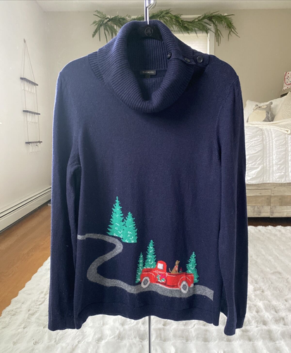Talbots Holiday Sweater Dog in Truck with Christmas Trees Navy Blue ...