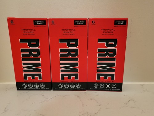 Prime Tropical Punch Hydration Drink Sticks 3 Boxes 18 Packets Logan ...