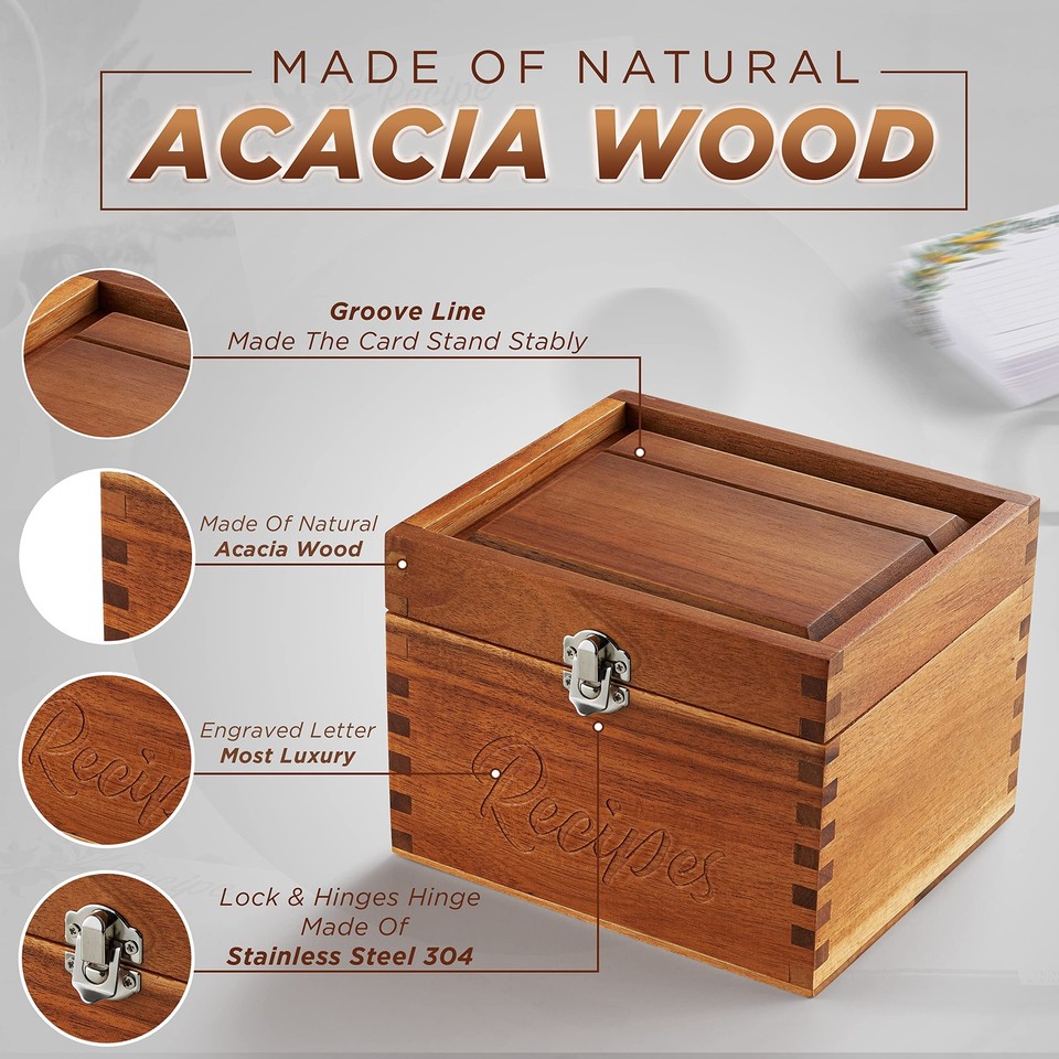 Tidita Acacia Wood Recipe Box w/ 100 4x6 Cards, 8 Dividers - Wooden | eBay