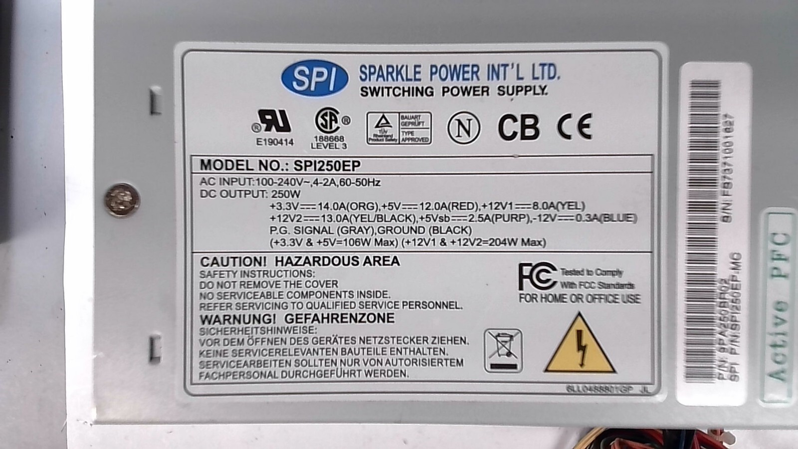 SPI Sparkle Power LTD 250W Switching ATX Power Supply SPI250EP ...