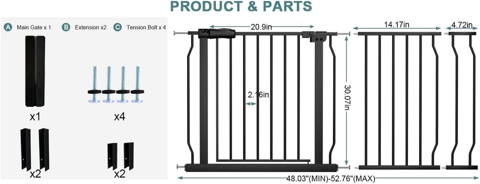 Extra Wide Baby Gate Tension Indoor Safety Gates Black Large Pressure ...