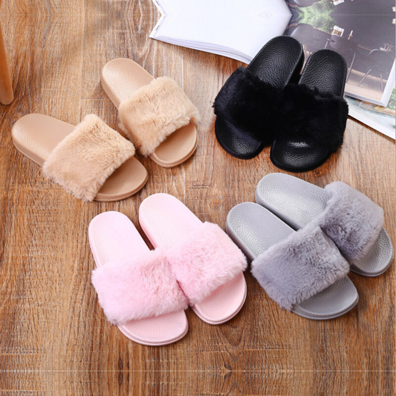 Flat Women's Fur Fluffy Plush Slip on Sliders Slippers Sandals Shoes ...