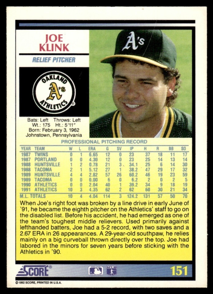 1992 Score #151 Joe Klink Oakland Athletics | eBay