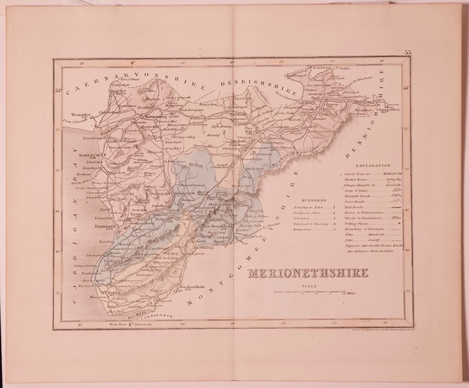 Antique Engraved Map of Merionethshire Wales C. 1854 by J. Archer ~9.5 ...