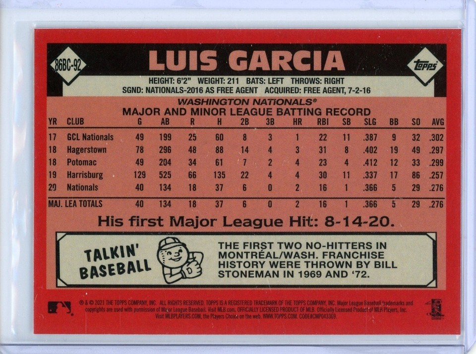2021 Topps '86 Topps Silver Pack Chrome #86BC92 Luis Garcia Nationals ...