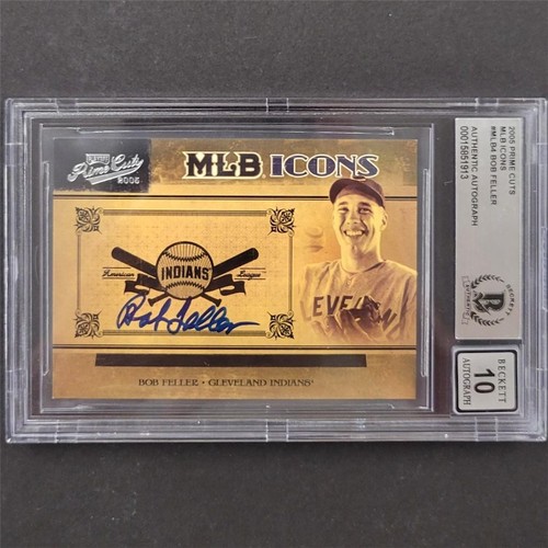 Bob Feller signed 2005 Prime Cuts MLB Icons #4 card /100 ~ BAS BGS 10 ...