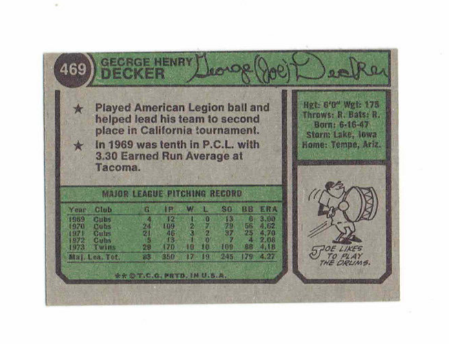 Joe Decker Minnesota Twins Pitcher #469 TCG 1974 #Baseball Card | eBay