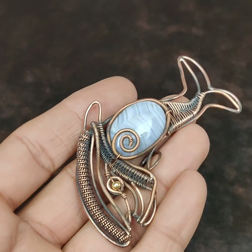 Copper Oval Natural Blue Lace Agate Wire Wrapped Fish Artisan Pendant ...