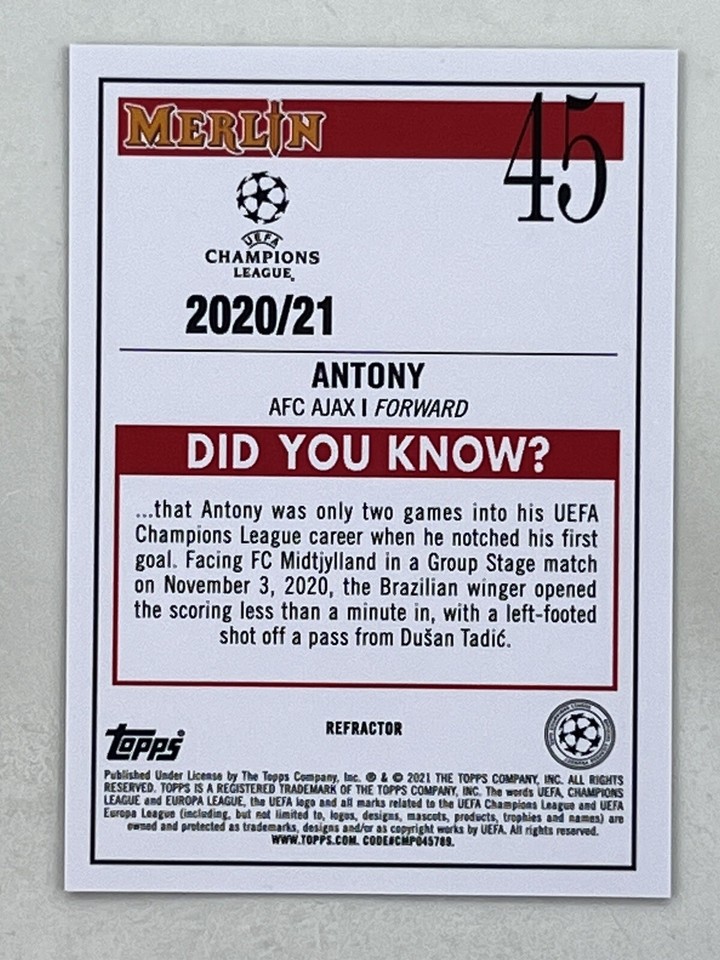Antony 2020-21 Topps Merlin Collection UCL Refractor RC #45 Ajax ...